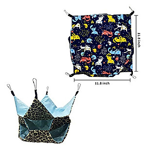 Small Animal Hanging Hammock Pet Swinging Bed 3 Tier Sleep Nap Sack Cage Accessories Kit Set Tunnel Ferret Rat Cave Sugar Glider Hideouts Warm Bedding for Squirrel Guinea Pig (Leopard Pattern)