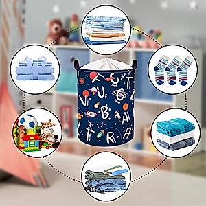 Clastyle 45L Universe Space Alphabet Planet Nursery Laundry Basket Rocket Round Toy Clothes Blue Storage Basket for Kindergarten, 14.2x17.7 in