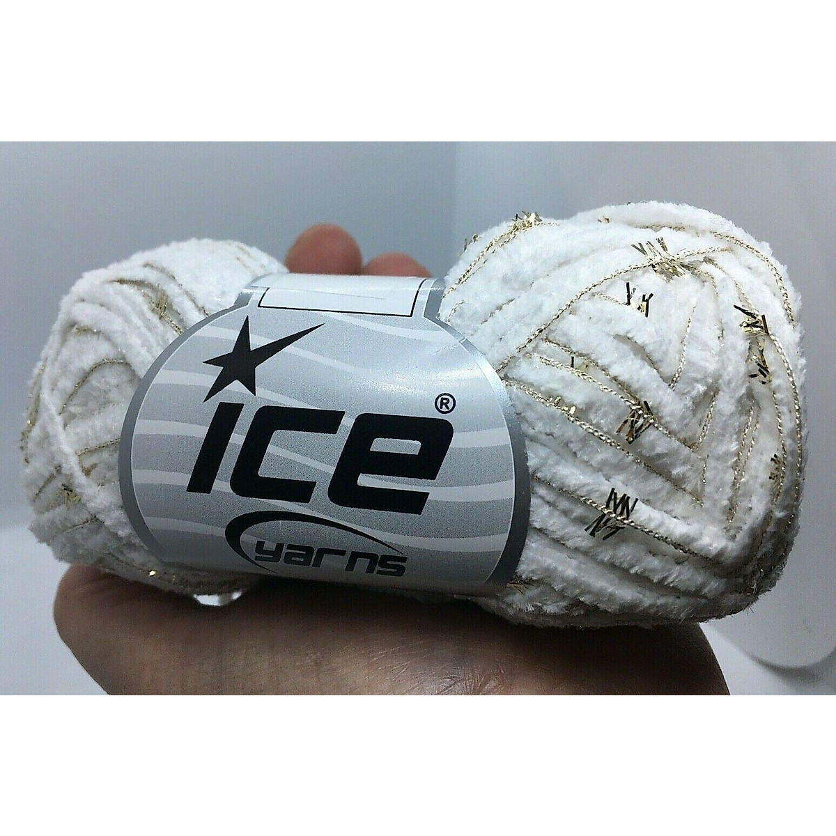 Metallic Accent Chenille Yarn - 50 Grams (1.75 Ounces) 65 Meters (71 Yards) White, Gold