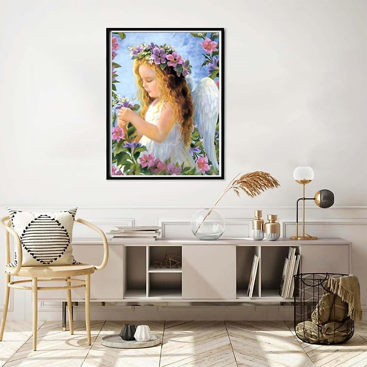 QAZWSX 5D Angel Diamond Painting Kits, Pink Flowers DIY Diamond Art Kits for Adults, Full Round Drill Crystal Cross Stitch Adults Craft for Wall Office Decor Christmas Thanksgiving Gift 12x16 inch