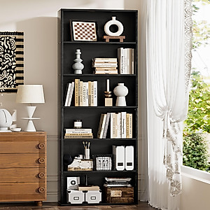 JAMFLY Open Bookshelf and Bookcase, 6 Shelf Storage Shelves Tall Bookcase for Bedroom, Living Room and Office, Black
