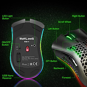 WolfLawS KM-1 Gaming Mouse, Wireless Mouse Gaming Computer Mice USB with Honeycomb Shell, 6 Programmed Buttons, 3 Adjustable DPI, Ergonomic RGB Optical Mouse - Green