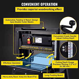 Mophorn Thickness Planer, 13" Width, 8000 RPM Worktable Benchtop Planer, 15Amp 1800W Powerful Motor, 6m/min Feeding Speed 0.2"-6.3"Cutting Thickness Planer, w/Iron Stand Dust Exhaust for Woodworking