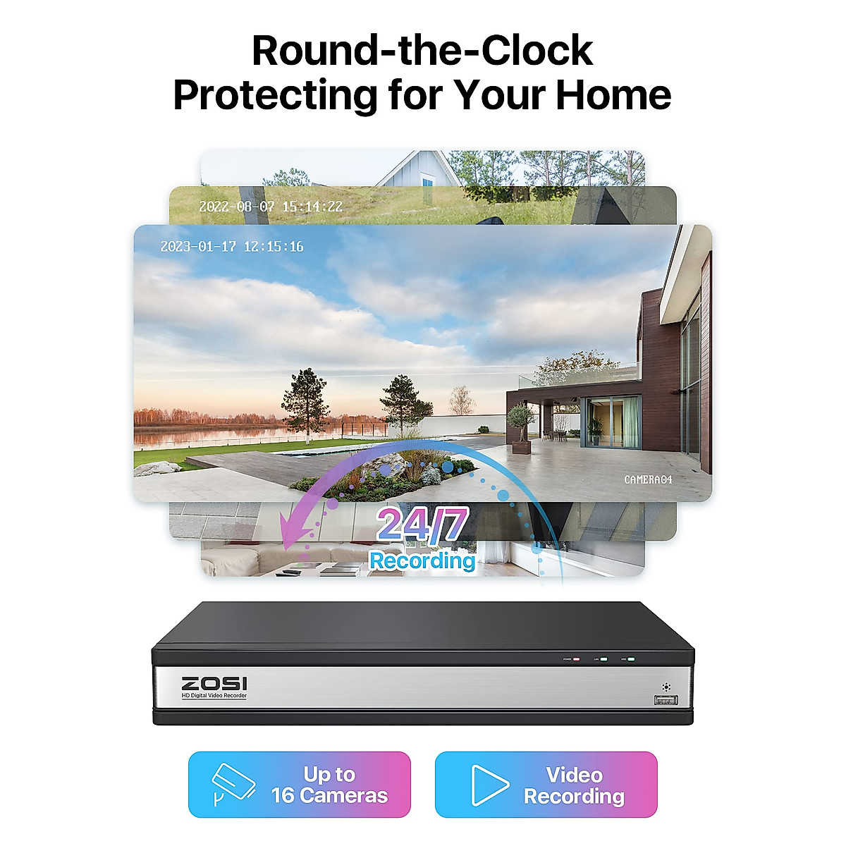 ZOSI H.265+ 16CH Security Camera System with AI Human Vehicle Detection, 16CH DVR with 4TB HDD for 7/24 record, 16 x 1080p CCTV Camera Outdoor Indoor with 80ft Night Vision°Wide Angle, 90°Wide Angle