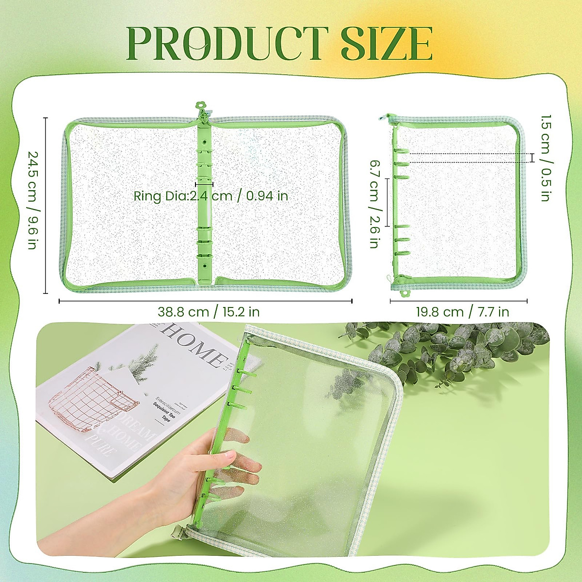 NEWEST A5 Notebook Binder Cover with Zipper, Plaid Pattern 6 Ring Refillable Planner Binder Shell, Clear Glitter PVC Loose Leaf Binder Wallet for Journal Album Diary Budget Folder DIY Cover, Purple