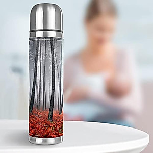 Foggy Forest Red Flowers Stainless Steel Water Bottle, Leak-Proof Travel Thermos Mug, Double Walled Vacuum Insulated Flask 17 OZ