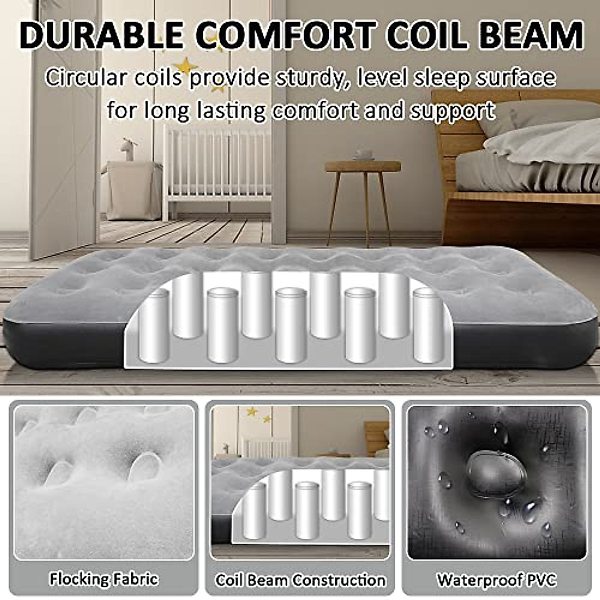 Camping Air Mattress Air Bed with Inflatable U-Shaped Pillow Single Air Mattress Blow Up Bed Thicken Air Mattresses Sleeping Pad for Camping Tent Car Travel Home Office ( Grey)