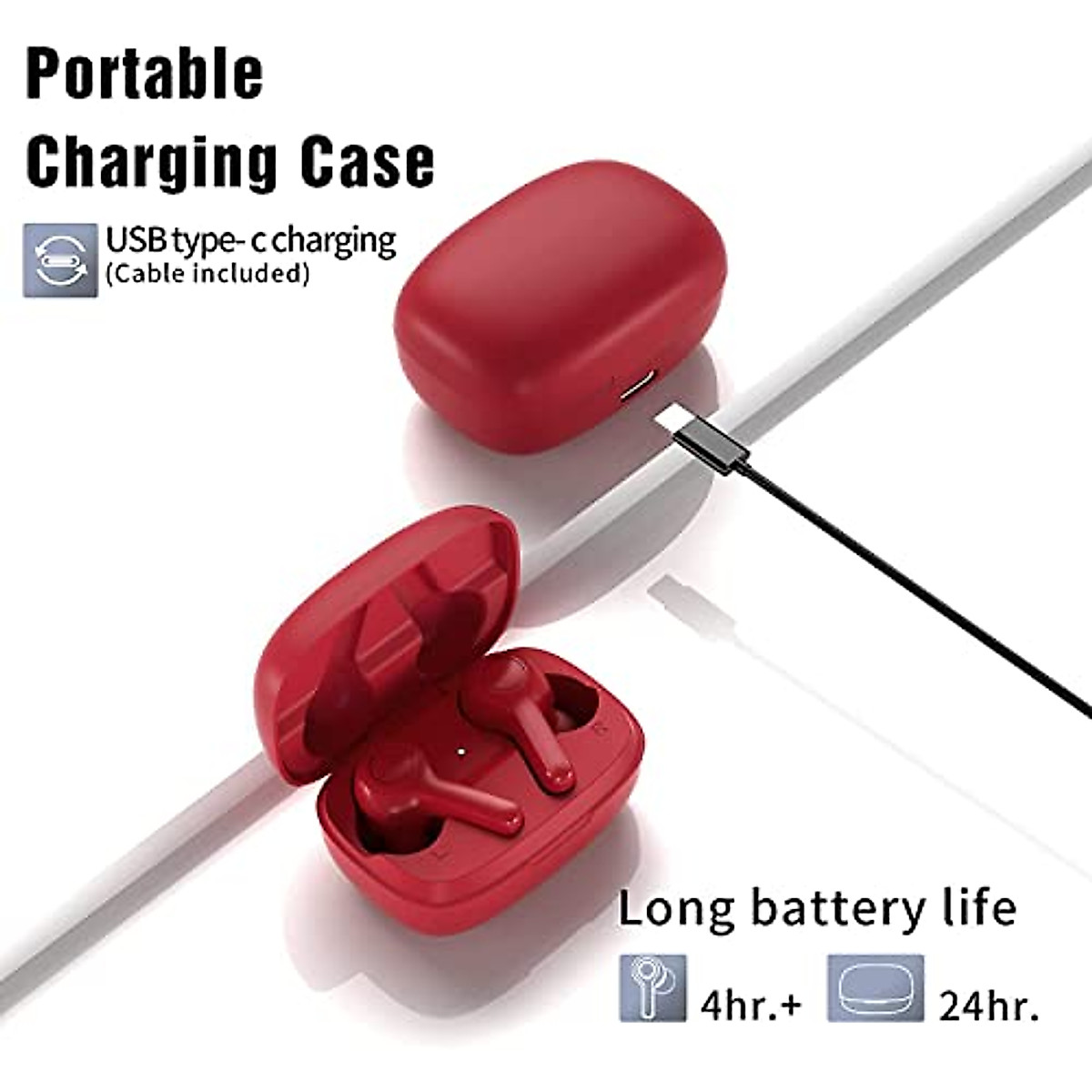 Lanteso True Wireless Earbuds, TWS Bluetooth Earbuds with Mics Noise Reduction Touch Control Bluetooth Headphones with Bass Sound in Ear Earphones for Music,Home Office… (Red)