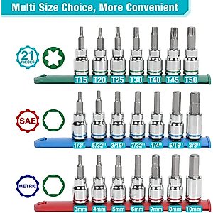 DURATECH Allen Bit Socket Set, 3/8'' Drive Torx, 21-Piece, Premium CR-V Socket and S2 Bits, Metric&SAE