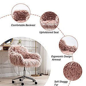 SSLine Desk Chair Faux Fur Task Chair,Modern Cute Accent Armchair Office Chair,Comfy Fuzzy Swivel Makeup Stool Desk Chair with Wheels for Living Room/Bedroom/Dressing Room,Pink