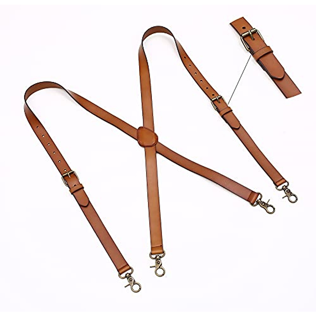 PAHVRION Mens Suspenders X Back Design Leather Suspenders Adjustable Brown Braces Groomsmen Gift for Wedding