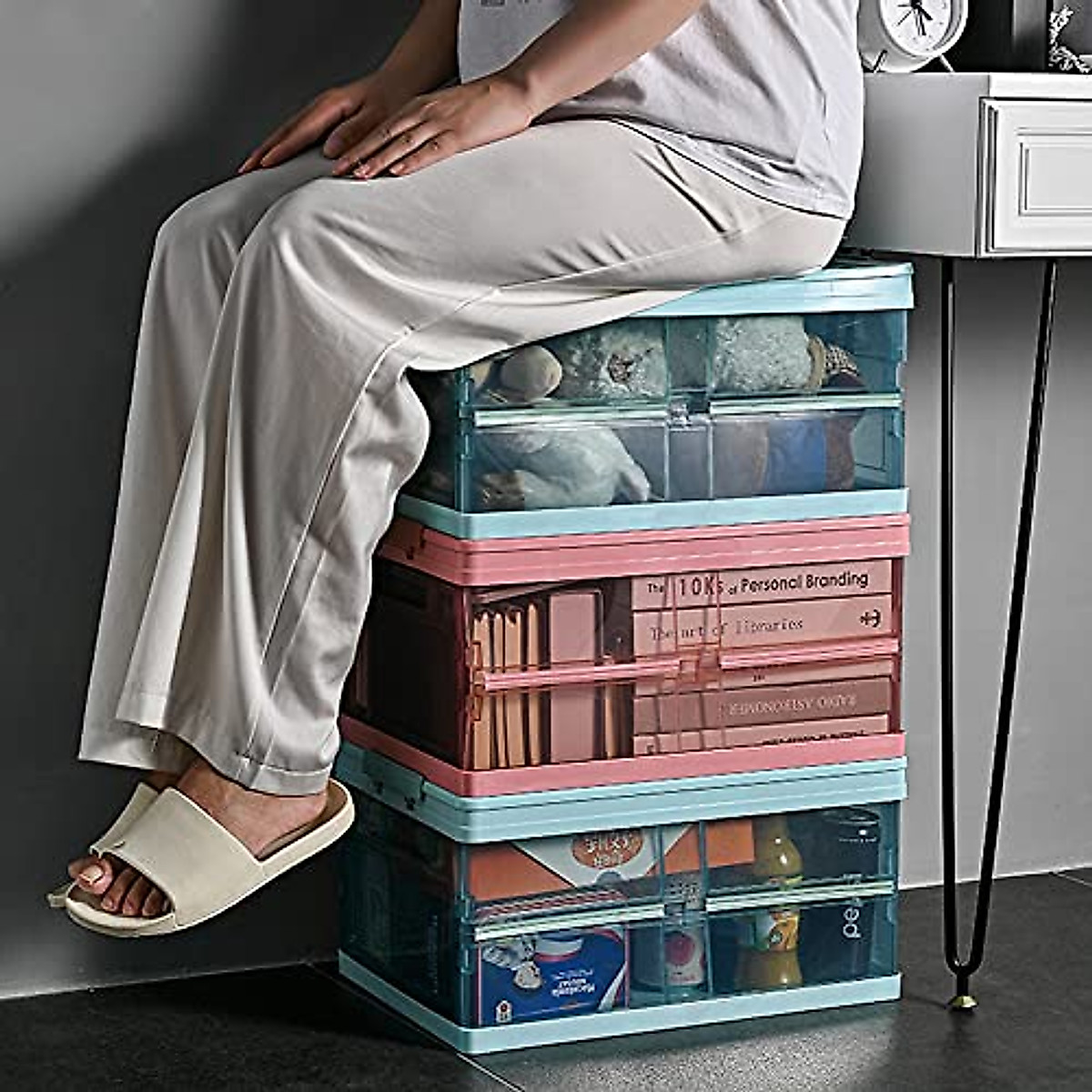 MEDOXI 2 Pack Clear Plastic Collapsible Storage Bin Tote Organizing Container with Durable Lid and Secure Latching Buckles, Storage Box with Handle, 5 Qt, 2 Count