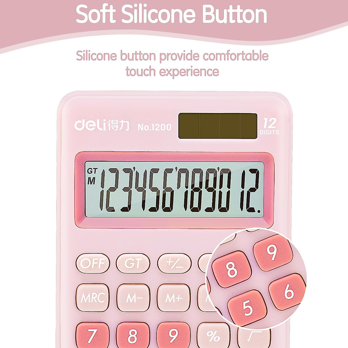 deli Standard Function Basic Calculator, 12 Digit Desktop Calculator with Large LCD Display, Solar Battery Dual Power Office Calculator, Pink