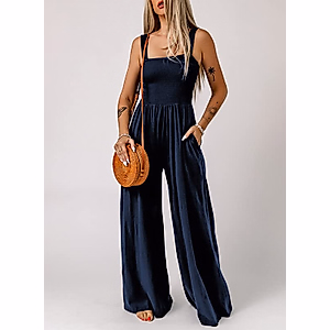 Dokotoo Womens Overalls Blue Jumpsuits for Women Casual Loose Fit Solid Color Wide Leg One Piece Sleeveless Jumpsuit Long Pant Rompers with Pockets Medium