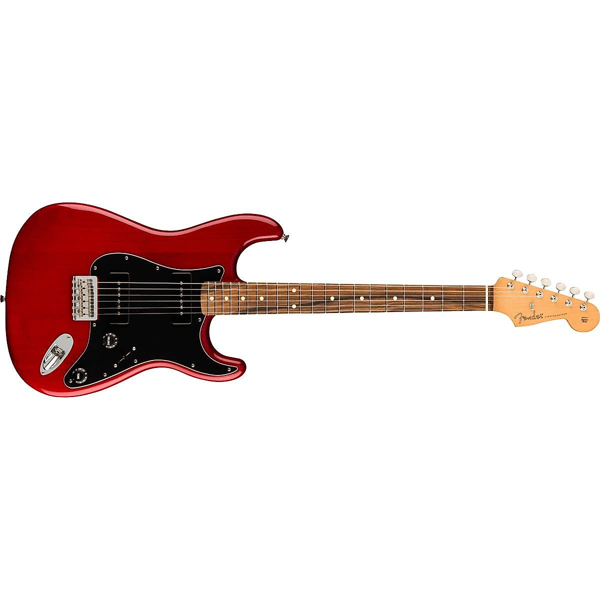Fender Noventa Stratocaster Electric Guitar, Pau Ferro Fingerboard, Crimson Red Transparent