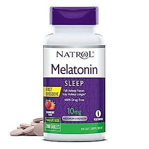 Natrol Melatonin Fast Dissolve Tablets, Help You Fall Asleep Faster, Stay Asleep Longer, Easy to Take, Dissolve in Mouth, Strengthen Immune System, Maximum Strength, Strawberry Flavor, 10mg, 200 Count