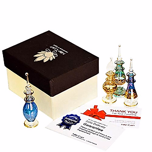 NileCart Egyptian Perfume Bottles Wholesale Set Of 6 Size 2” (5 cm) mouth-blown with handmade golden Egyptian decoration for Perfumes & Essential Oils