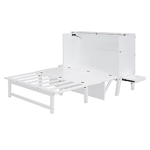 Aiuyesuo Queen Size Murphy Bed with USB Port, Solid Wood Murphy Bed Frame with Removable Shelves On Each Side, Space-Saving Design for Small Spaces, Guest Room, Lounge, Office (White-W3Z1)