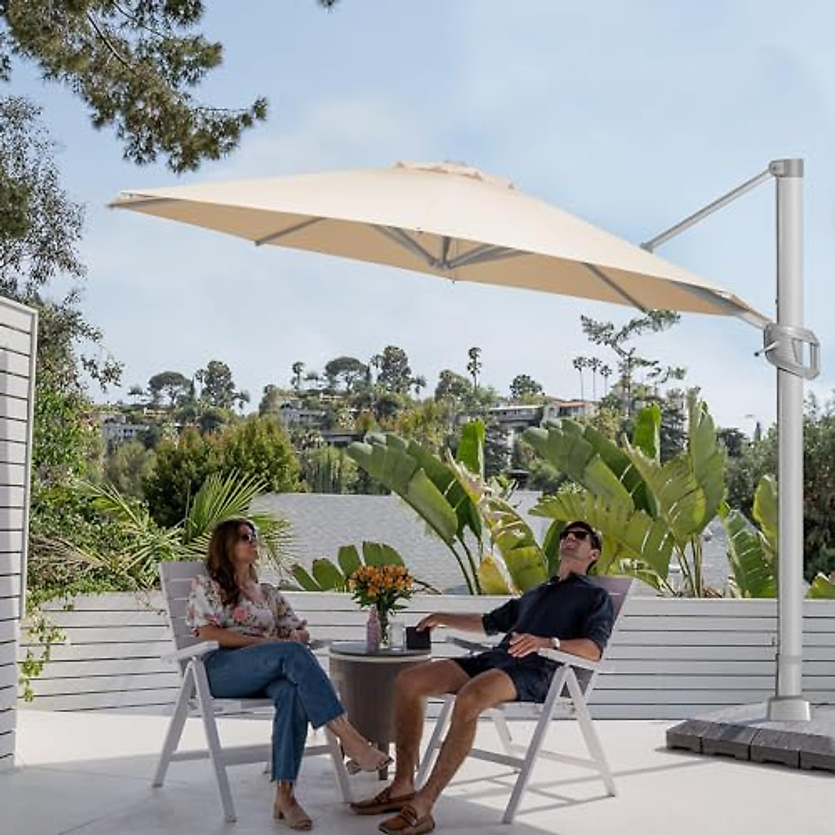 BLUU BANQUET 12ft 2-Tiers Aluminum Patio Umbrella Cantilever Offset Umbrella 60 Month Fade Resistance & UV Protection Outtra Recycled Fabric, 360 Rotation Aluminum Pole with Cross Base（Cream Beige）