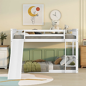 Bellemave Full Over Full Low Bunk Bed with Slide Wood Floor Bunk Beds with Ladder for Kids Boys Girls Teens, White