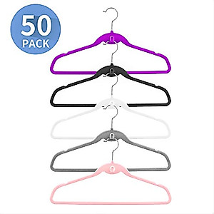HozyFrozy Multi-Color Premium Velvet Hangers with Mini Hooks, Pack of 50, Non-Slip Space Saving Cascading Clothes and Suit Hangers, Purple, Pink, White, Grey and Black