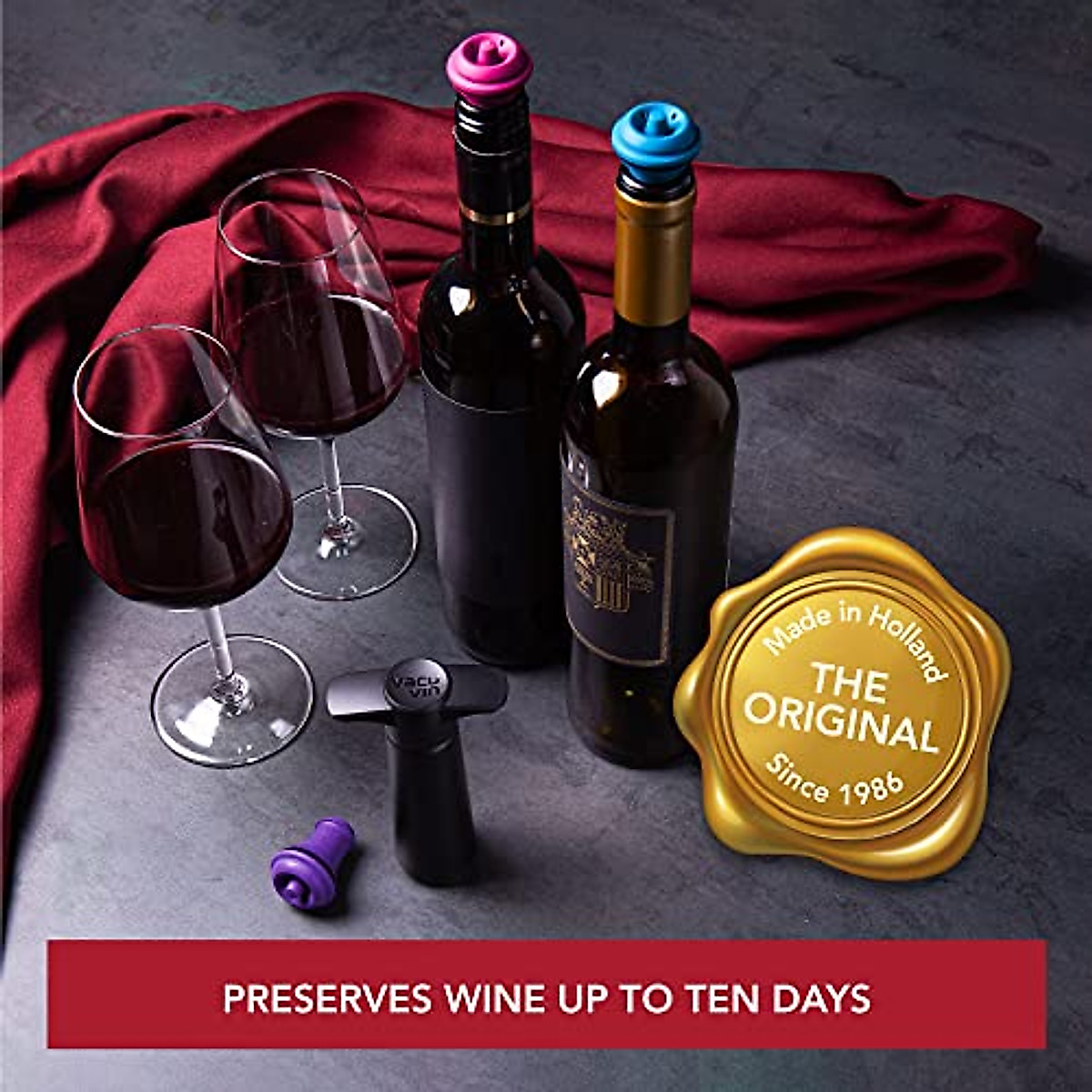 Vacu Vin Wine Saver Vacuum Stoppers - Set of 6 - Multicolor - for Wine Bottles - Keep Wine Fresh for Up to a Week with Airtight Seal - Compatible with Vacu Vin Wine Saver Pump