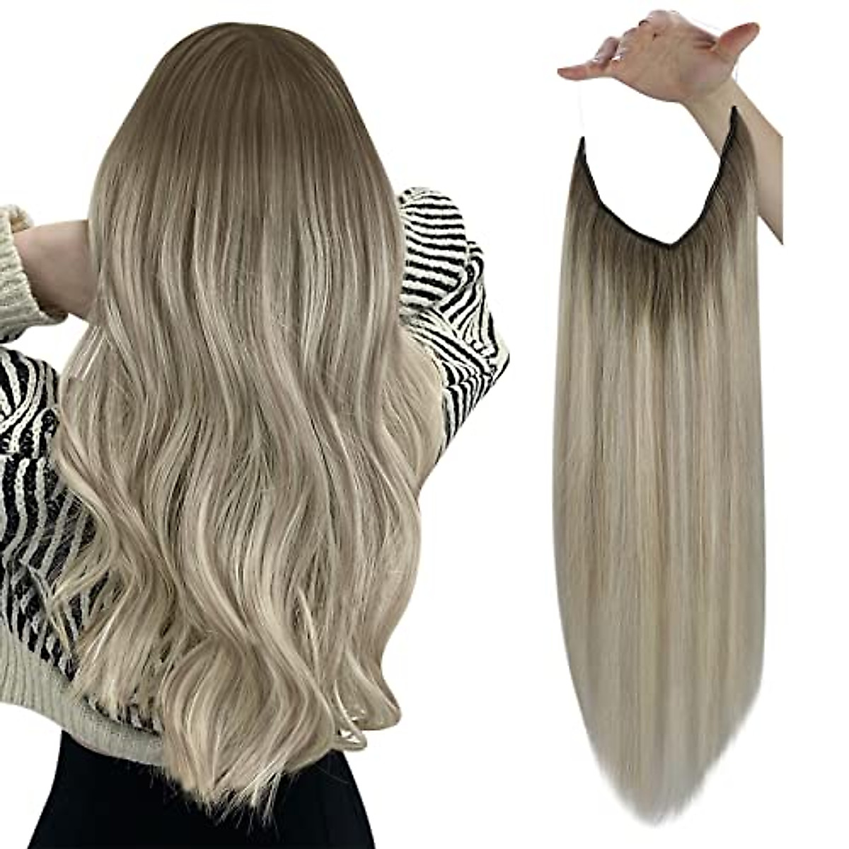 Sunny Invisible Wire Hair Extensions Balayage Light Ash Brown Faded to Blonde Highlights Platinum Blonde Invisible Line Hair Extensions Human Hair Ombre Hairpiece Extensions 80g 16inch