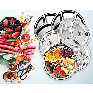 King International Stainless Steel Plates, Divided Dinner Plate Four Section Round Dinner Plates Set of 6, 11 Inches, Round Divided Dinner Plate, divided plates for adults, dinner plates