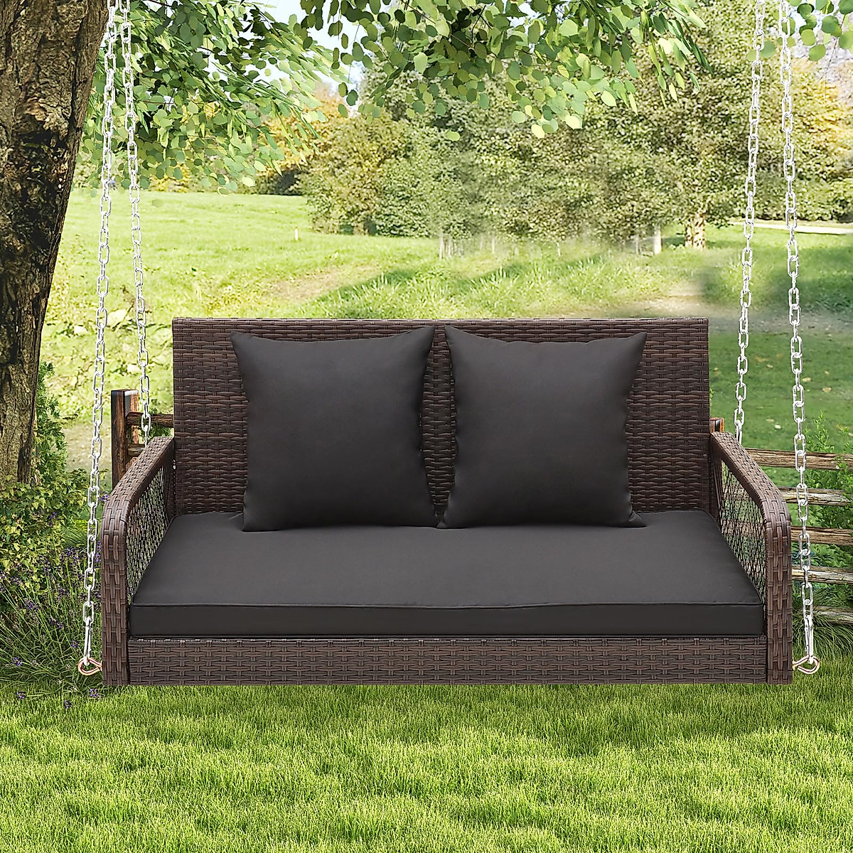 Tangkula Wicker Outdoor Porch Swing, 800 LBS Capacity Outdoor Swing Bench with Hanging Chains, Back and Seat Cushions, 2-Seater Hanging Patio Bench for Deck, Garden, Yard (Black)