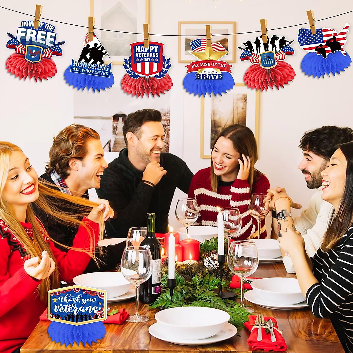 Happy Veterans Day Table Decorations, Veterans Day Centerpieces for Tables, Army Deployment Party Supplies, Patriotic Thank You Veterans Day Decorations Military Welcome Home Honeycomb Table Topper