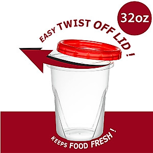 Elegant Disposables (32 Ounce 10 Pack) Twist cap Containers Clear Bottom With Red Top Screw on Lids Twist Top Food Storage Freezer Containers