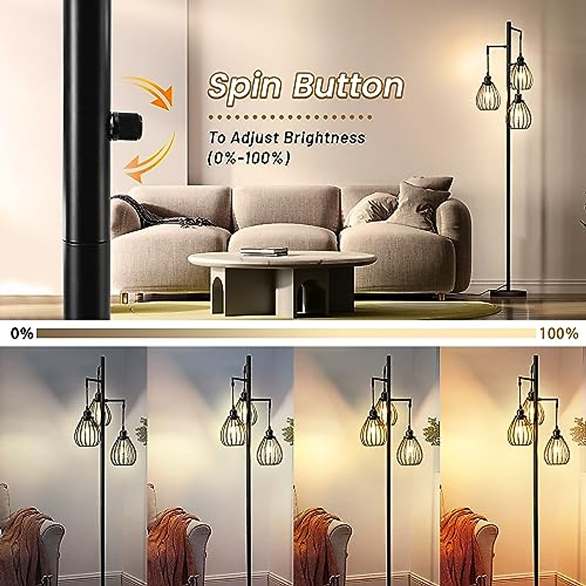 HIHUOS Dimmable Floor Lamp for Living Room - Retro 68" Tall Standing Tree Lamps for Bedroom - Black Farmhouse Pole Stand Up Lamps for Office Home [Upgraded]