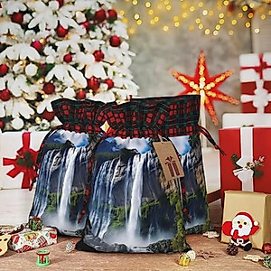 Christmas Gift Bags with Drawstring Burlap Gift Bags Beautiful Waterfall Christmas Linen Bags for Xmas Party Candy Bags with Cards Xmas Reusable Wrapping Bags Christmas Linen Treat Bags for Holiday