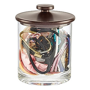 mDesign Small Modern Apothecary Storage Organizer Canister Jars - Acrylic Containers for Bathroom, Organization Holder for Vanity, Counter, Makeup Table, Lumiere Collection, 2 Pack, Clear/Bronze