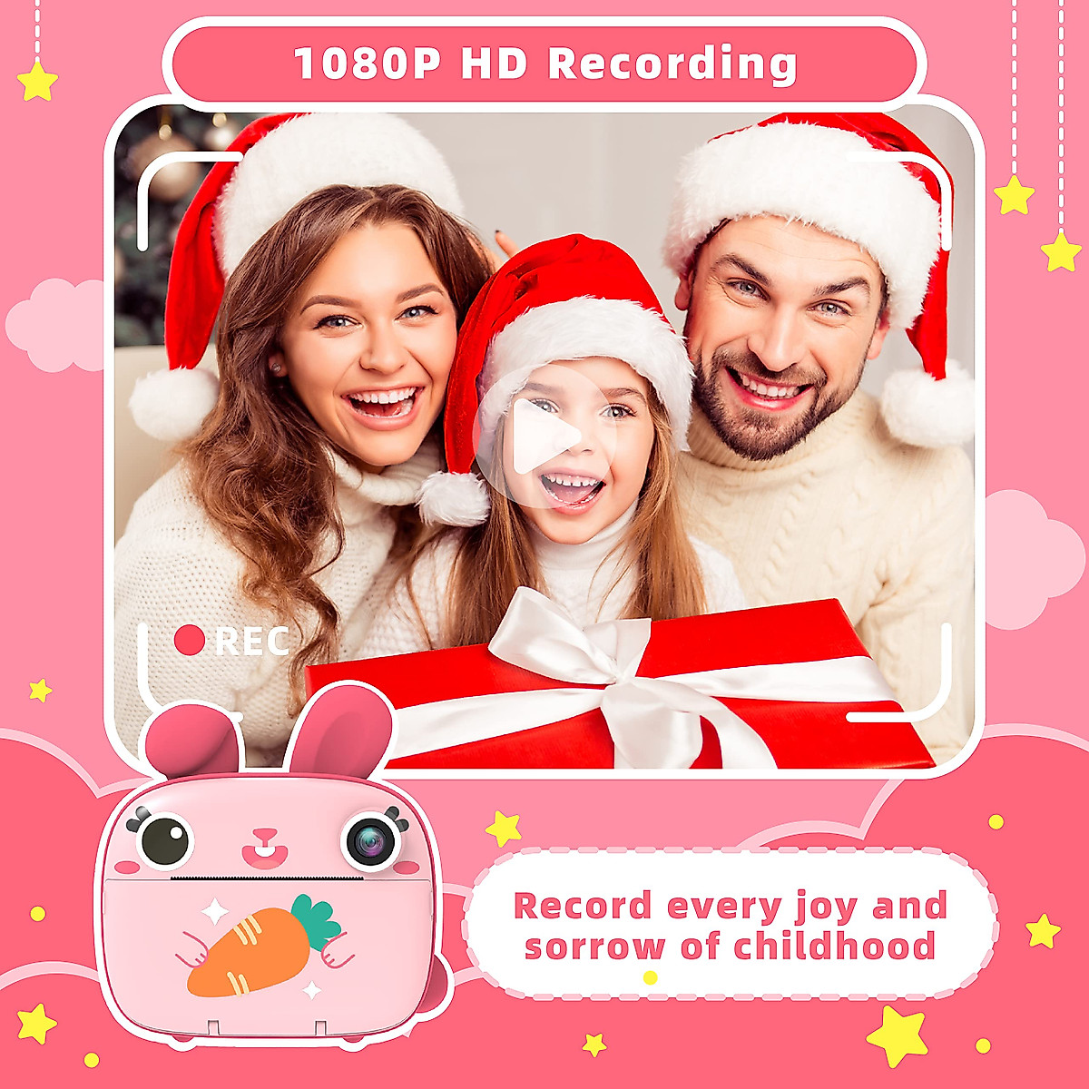 CAMCLID Instant Camera for Kids, 2.5K Kids Camera Instant Print with No Ink Print Paper & 32G Card,Selfie Digital Camera & 1080P Video Camera, Toy Gift for Girls Boys 3-12 (Pink)