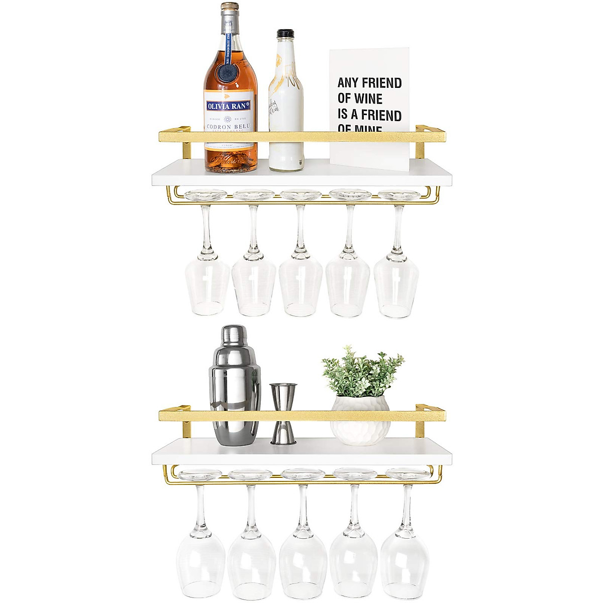Mkono Wall Mounted Wine Rack Set of 2 White Wood Wine Bottle Glass Holder Floating Shelves with Stemware Hanger Modern Plants Photos Wine Display Storage Holder for Kitchen Dining Room Bar, 17 Inch