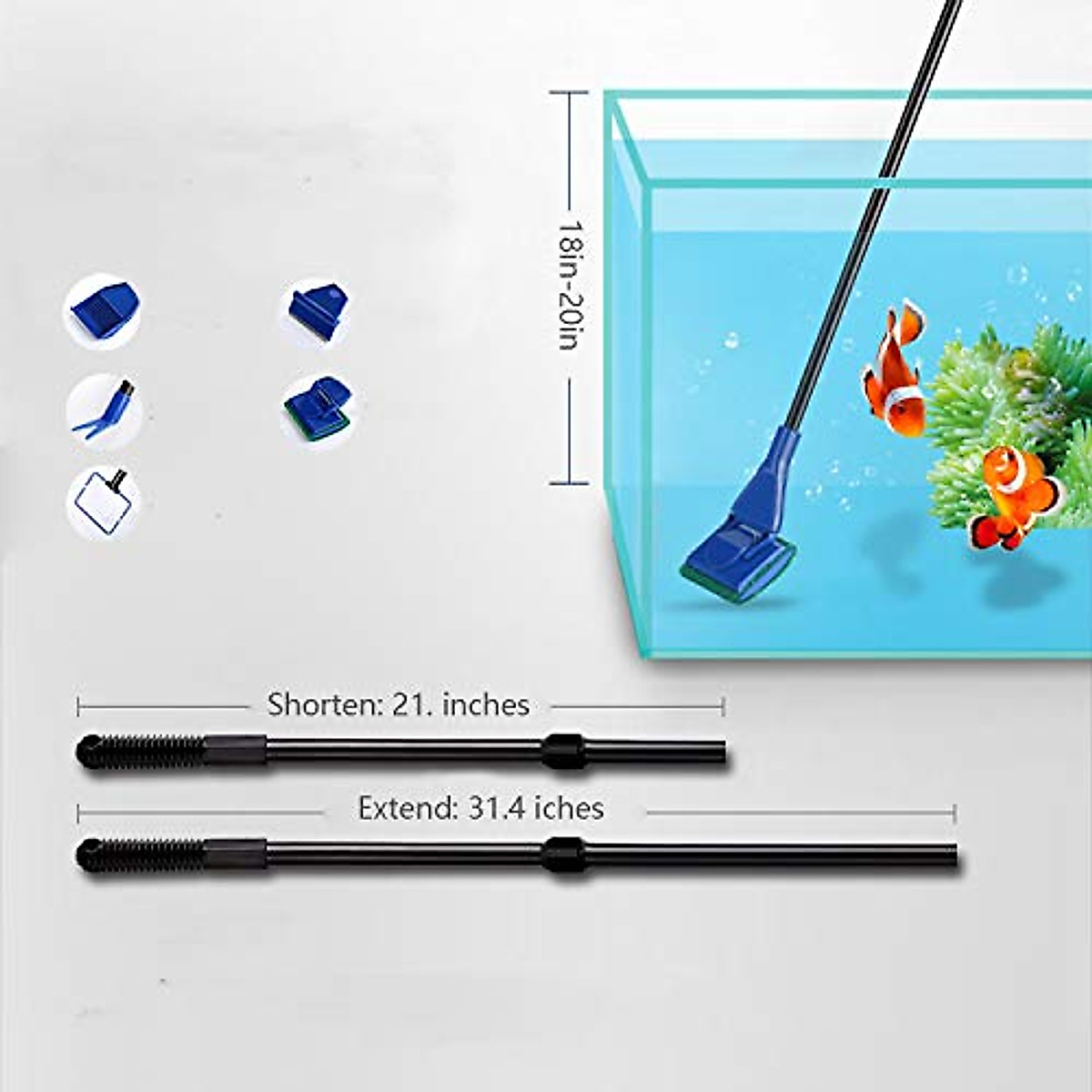 JZMYXA Aquarium Cleaning Tools Kit 5 in 1 Function for Long Deep Fish Tank, Adjustable Length Rod, Including Algae Scrape, Cleaning Sponge, 3.9" Small Fishnet, Gravel Rake, Plant Fork