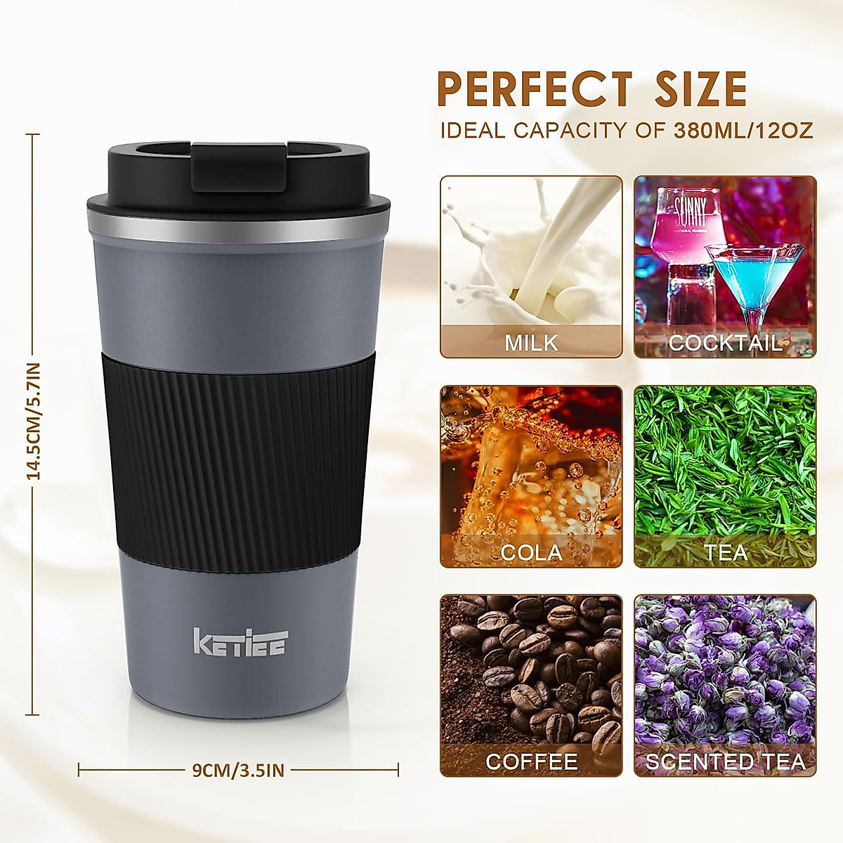 KETIEE Travel Coffee Mug Spill Proof 12oz, Insulated Coffee Mug to Go, Thermo Hot Coffee Tumbler, Reusable Coffee Cups with Seal Lid, Vacuum Stainless Steel Coffee Travel Mugs for Hot/Ice Coffee Tea