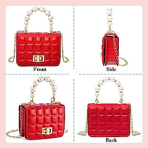 Kids Purse Little Girls Purse Candy Color PU Leather Bag Fashion Crossbody Purse Cute Handbag Shoulder bag with Pearl Handle Gold Chain Presents for Children(Red)