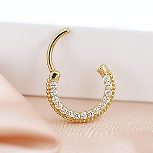 OUFER 14K Solid Gold Septum Piercing Hoop 16G Daith Earrings Hoop Clear CZ Paved Daith Septum Clicker Hoop 10mm Inner Diameter
