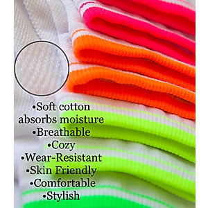AzovSea White Thin Cotton Socks Ankle Women's Socks with Neon Stripes - Athletic Running socks Golf Gym socks 4-10 US size