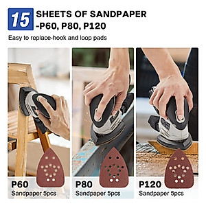 Cordless Detail Sander for Woodworking,20V Hand Sander with 1X2.0A Battery & Charger, 15000 OPM Mouse Detail Sander with 15PCS Sandpapers, Efficient Dust Collection System Tools for Wood Furniture