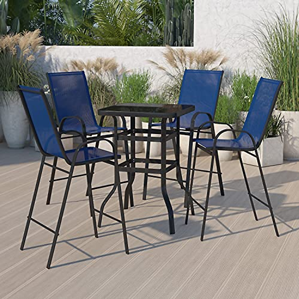 Flash Furniture Brazos Bar Table Set - 5 Piece Glass Brazos Bar Table with 4 Navy Patio Bar Stools - Brazos Outdoor Chairs