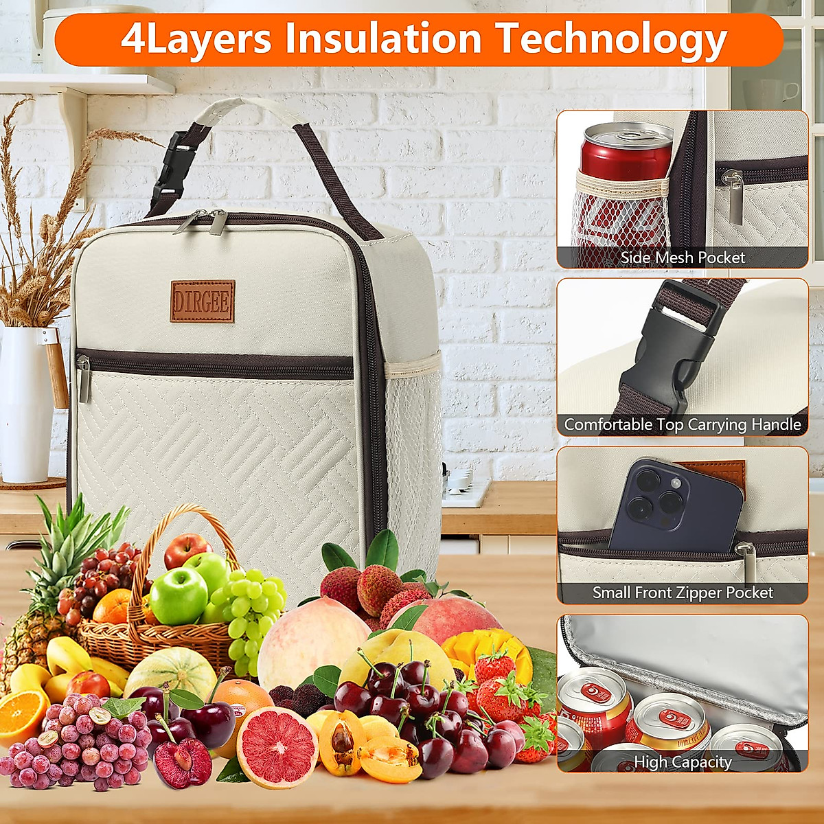 DIRGEE Lunch Bag for Women Insulated Lunch Bag For Men Adults Small Lunch Bag for Office Work - Leakproof Freezable Cooler Bag Reusable Portable Lunch Box (White)