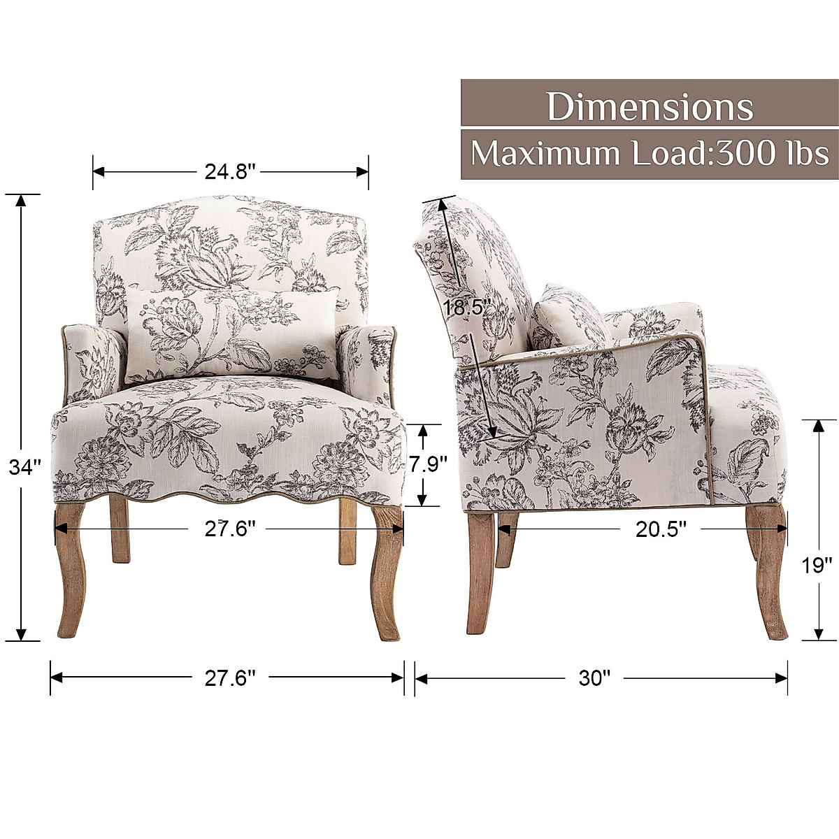 Shunzhi Mid Century Accent Chairs Modern Floral Armchair Upholstered Reading Chair Linen Farmhouse Single Sofa Chair with Pillow for Bedroom/Living Room/Fireplace, Beige, 1PC