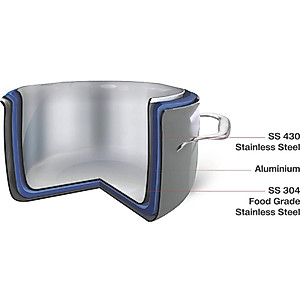 Vinod Induction Friendly Platinum (TRI PLY) 18/8 Stainless Steel Extra Deep Kadai with Stainless Steel Lid (18cm, 1.1 Litre)