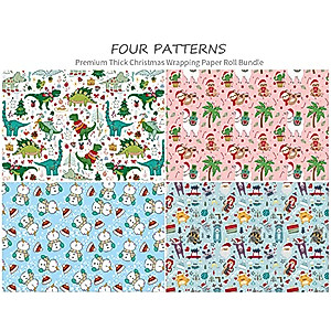 AUCLAY Christmas Wrapping Paper Rolls for Kids Holiday Gift Wrap - Cute Styles Included Dinosaur, Snowman, Santa Animals, Alpaca and Sloth - Pack of 4, 23.6 Inch X 8 Feet per Roll