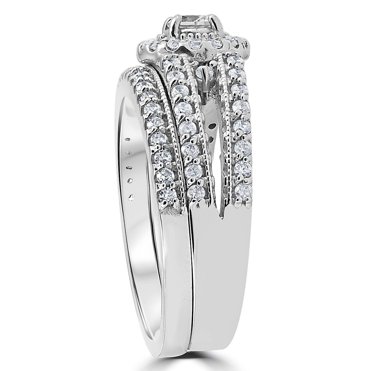 1 Carat Vintage Halo Diamond Engagement Wedding Ring Set 14K White Gold - Size 8