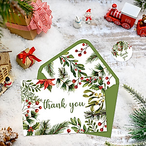 Whaline 32 Packs Christmas Thank You Greeting Cards Watercolor Holly Berry Blank Note Cards with Envelopes and Stickers for Xmas Winter Wedding, 4 x 6 Inch