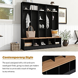 67" W Hall Tree with Shoe Storage Bench, Minimalist Entryway Bench with Coat Rack, Cube Storage and Shelves, Multifunctional Mudroom Bench with Storage and 8 Hooks for Entryway, Hallway (Black)